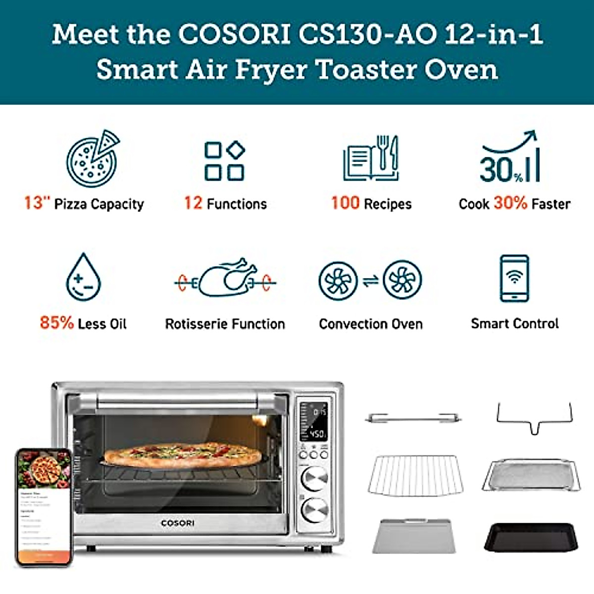 COSORI Smart 12-in-1 Air Fryer Toaster Oven Combo Convection Rotisserie & Dehydrator for Chicken, Pizza and Cookies, Recipe&Accessories Included, 30L, Silver – A Certified for Humans Device