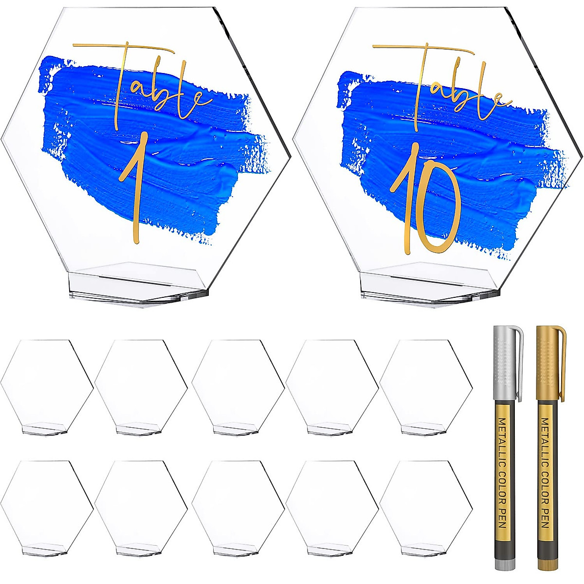10 Pack Large Acrylic Hexagon Blank Table Stand, DIY Geometric Clear Plexiglass Number Sign Holder with Gold & Silver Marker Metallic for Modern Wedding Reception, Centerpiece Decoration Event Party