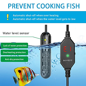 YukiHalu Small Aquarium Heater 25/50/100/150W with Protective Cover, Mini Fish Tank Heater, External Controller, Temperature Adjustable, Digital Display, Used for 5/10/20/30 Gallons (50W-10Gallon)