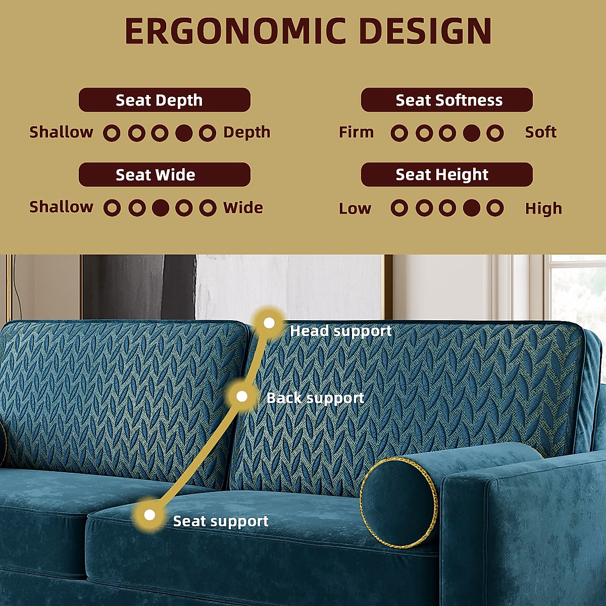 YaoYaoJia 79'' Luxury Velvet Sofa,Mid-Century Modern Loveseat with Bolster Pillows,3 Seater Sofa with Gold Metal Legs,Comfy Couches for Living Room Bedroom Apartment (Teal)