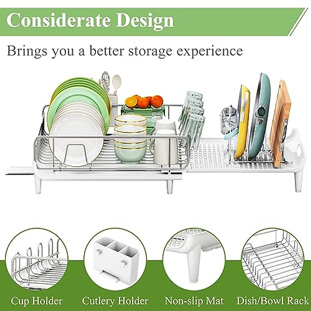 Dish Drying Rack, Expandable Dish Racks for Kitchen Counter with Versatile Pot Pan Rack, Large Stainless Steel Dish Drainers with Utensil Holder, White