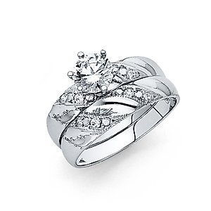 Jewels By Lux 14K White Gold Round Cubic Zirconia CZ Wedding Band and Engagement Bridal Ring Two Piece Set Size 5