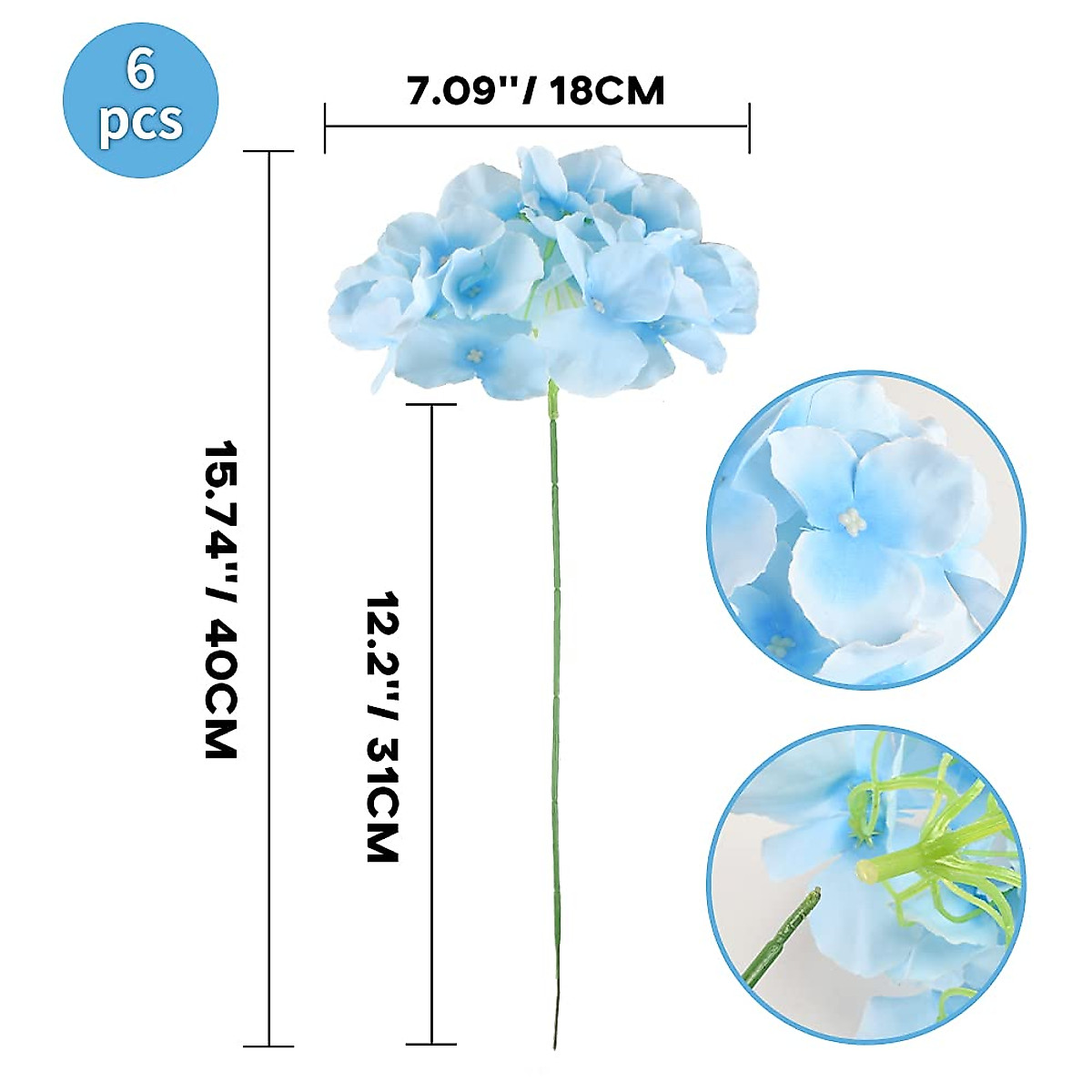 HUIANER 6PCS Artificial Hydrangea Flowers, 15.74” Fake Silk Flower Heads with Stems for Wedding Centerpiece Bouquets Home Office Party Garden DIY Craft Art Decoration(Light Blue)