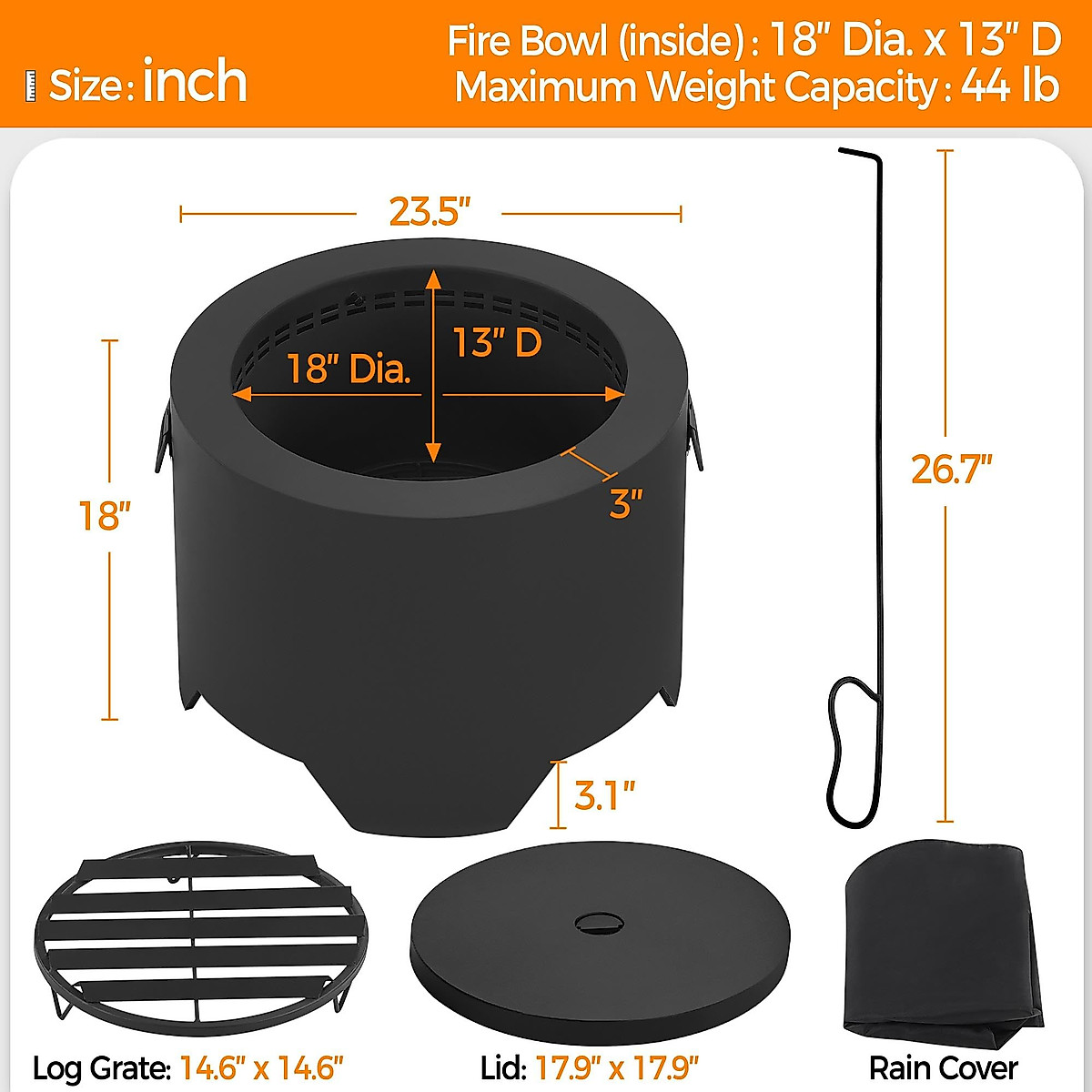 Yaheetech Fire Pit 23.5in Smokeless Fire Pit Tabletop with Stand Outdoor Wood Burning Firepit Set for Outside Camping with Silicone Mat & Fire Poker & Rain Cover & Lid & Log Grate