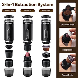 Bivisty Portable Espresso Maker for Travel, Camping Coffee Machine, Electric Self-Heating With USB-C, Ground Coffee Compatible with Nespresso & Dolce Gusto for RV, Outdoor, Office (black)
