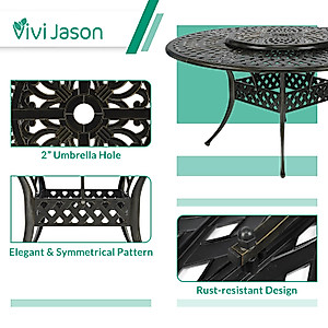 VIVIJASON 9-Piece Patio Dining Set, Rust-Free Cast Aluminum Outdoor Furniture Set, 8 Patio Dining Chairs and 61" Round Dining Table with 31" Lazy Susan, Umbrella Hole for Backyard, Patio, Garden