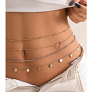 Aezlhjya 14K Sexy Overlay Metal Waist Chain for Women,Shinny Peach Heart Sequin Claw Belly Chain Beads Waist Chain Body Chains Jewelry Gift for Girls (2chian-4), Gold