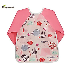 Hi Sprout Infant Toddler Baby Waterproof Sleeved Bib, Bib with Sleeves&Pocket, 6-24 Months (Pink Fish)