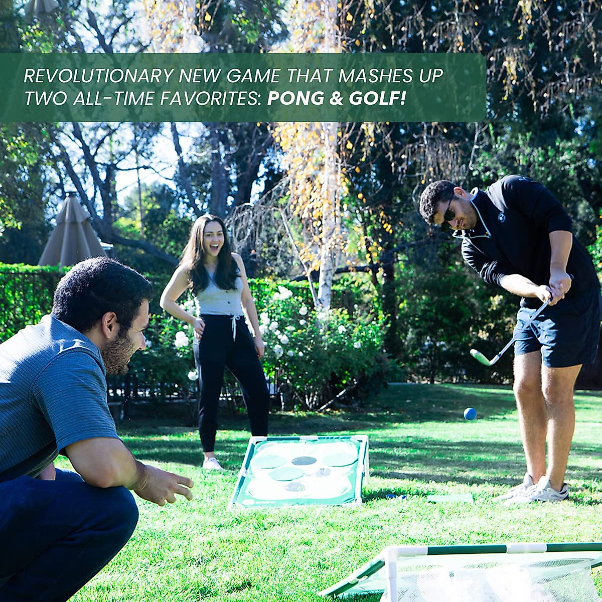 Sidelinx Golf Pong Set - Mash Up of Golf, Cornhole and Pong - Indoor or Outdoor Chipping Practice Game - Perfect Golf Gift for Adults