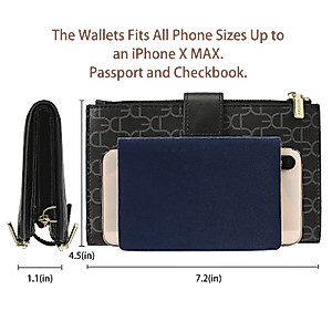 ENYISDAN Women Wristlet Clutch Wallet Long RFID Blocking Leather Wallet Multi Card Zipper Wallet with Credit Card Case Zipper Pocket Holder (black background/gray and white letters)