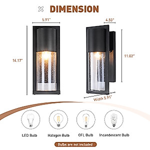 Delicavy Outdoor Wall Lights Modern Farmhouse Porch Light Waterproof Exterior Wall Lantern Black with Seed Glass, Outside Wall Lamp for House Garage, Front Door Light, 14.2" H
