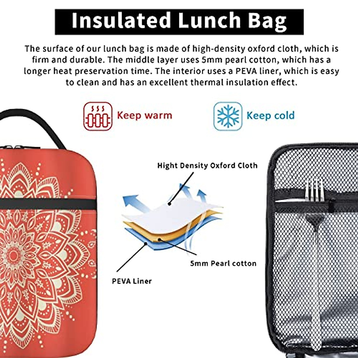 Rportable Lunch Bag For Women/Men Insulated,Round Mandala Design Yoga Meditation Cosmos Concepts Outline Ornam,Insulatedreusable Lunch Box For Office Work School Picnic BeachLeakproof Cooler Tote Bag
