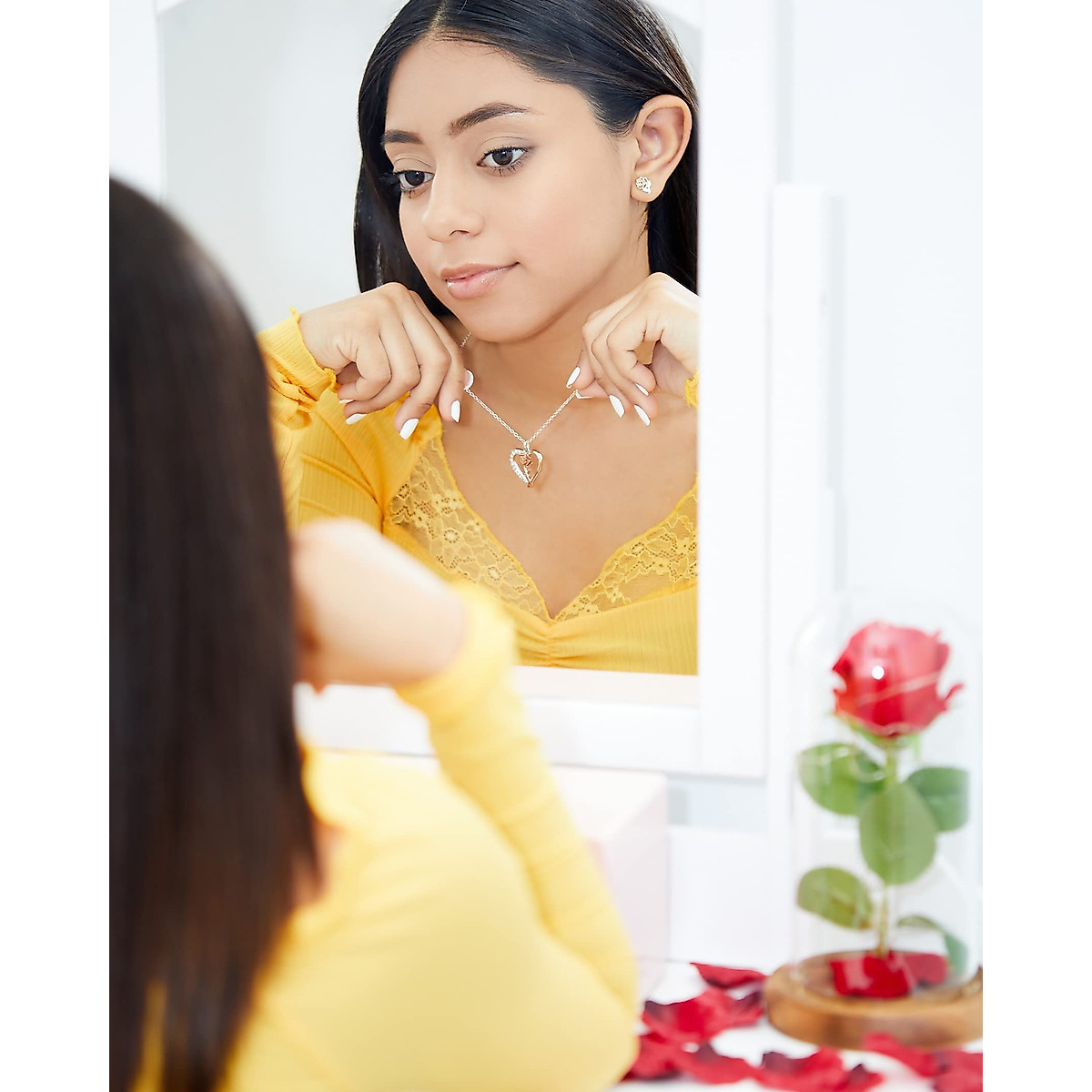 Disney Princess Beauty and the Beast Two Tone Necklace, Belle Rose Crystal Heart Pendant, 18"