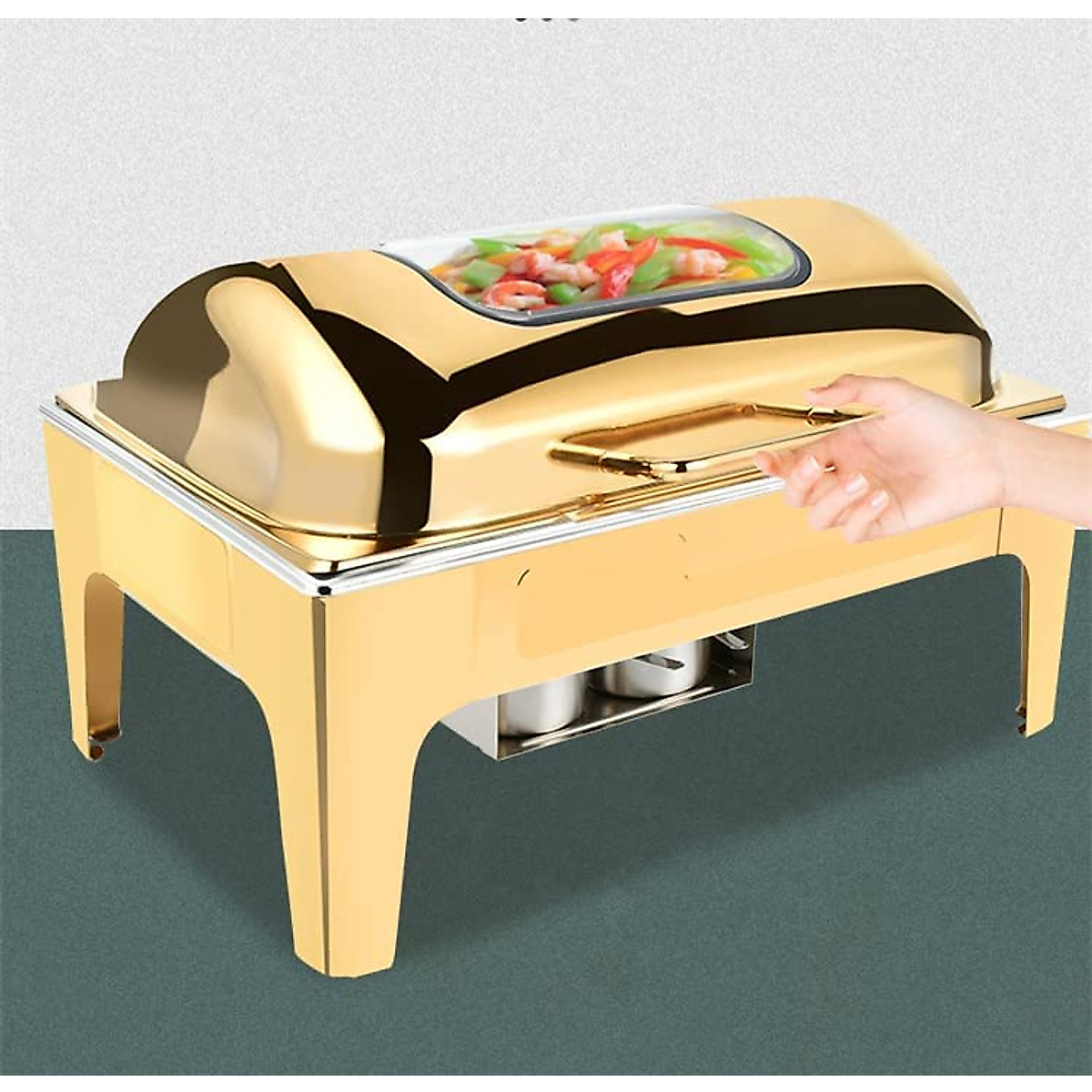 Chafing Dish Buffet Set, 9 Quart Stainless Steel Rectangular Chafing Full Size Food Pan,Chafing Servers With Covers Buffet Servers And Food Warmers For Parties Wedding Outdoor Banquet,Golden