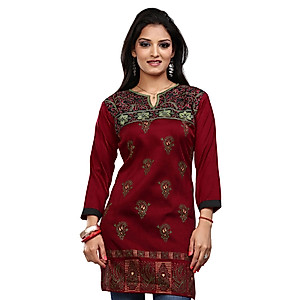 Indian Short Kurti Top Tunic Embroidered Women's India Clothes (Maroon,5XL)