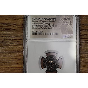 2000 Year Old Ancient Roman Silver Denarius Coin, 42 B.C. Pompey the Great, NGC Choice Very Fine Condition