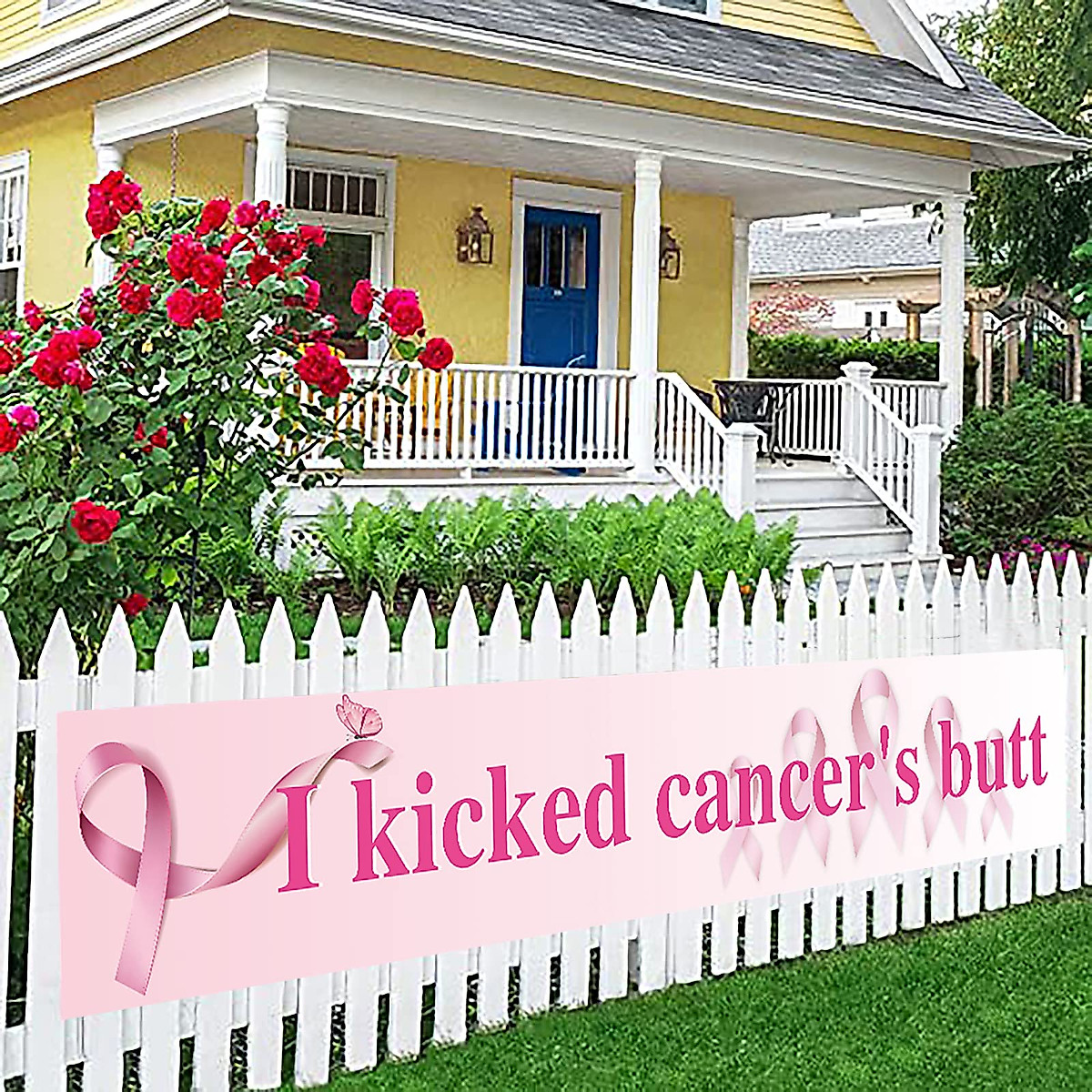 GENERC Large I Kicked Cancer's Butt Banner, Pink Ribbon Party Sign Decoration Hope Strength Courage Faith Backdrop for Breast Cancer Awareness Party Decoration Supplies - 118'' x 19.7''