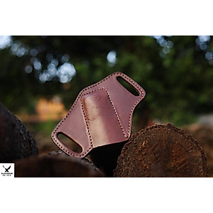 Handmade Leather Sheath for Pocket Knives, Slanted Pancake/Tooled/Belt/Trapper Style, TAN, 100% Real Leather (Brown)