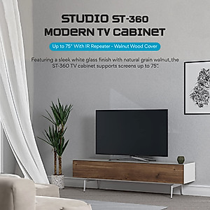 SONOROUS ST-360 Premium TV Stand for Living Room - Luxury Wood & Glass Media Console with Metal Legs - Modern Media Furniture with Storage - White TV Table Support up to 75" - Walnut Wood Cover