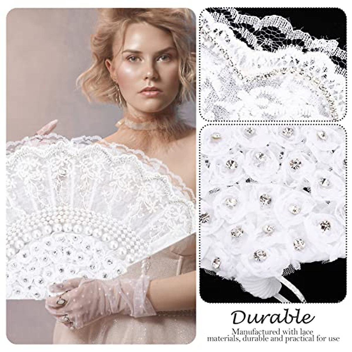 DECHOUS Lace Folding Fan Retro Folding Fan Folding Silk Fan Folding Fan Handheld Oriental Folding Fan Chinese Dance Fan Japan Foldable Fan Lunar New Year Hand Fan Large China Bride White