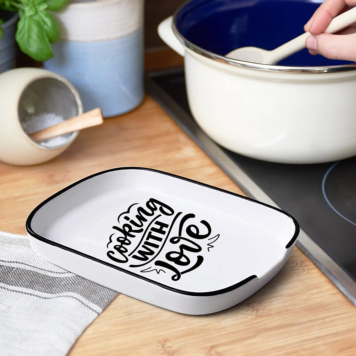 Ceramic Patterned Fork Spoon Rest with Message Cooking with love, Functional Kitchenware Spoon Rest Suitable for Kitchen Countertop Stove Top Kitchen Accessory and Gift for Cooking Enthusiasts