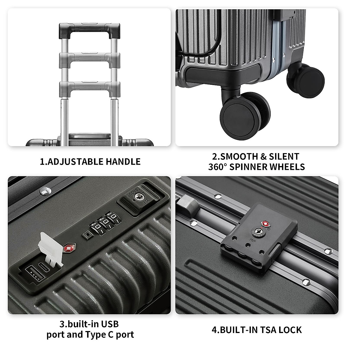 CAARANY Versatile Aluminum Frame Carry-On Luggage with USB Charging Port, Front Compartment, TSA Lock, Airline Approved Carry On Hardside Suitcase with Spinner Wheels (Grey, 20inch)