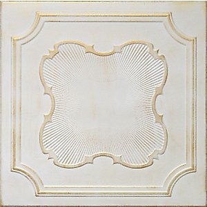 R37 White Satin Washed Gold 20x20 Amazing Styrofoam Tin Look Ceiling Tiles Easy to Glue Up On Any Type of Surface