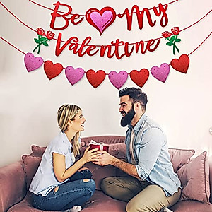 cobee Be My Valentines Banners for Valentine's Day Decorations, Glitter Love Heart Hanging Ornament Banner for Bridal Shower Engagement Anniversary Wedding Party Valentines Day Gift