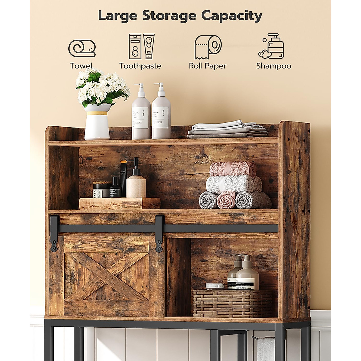 HOOBRO Over The Toilet Storage Cabinet, Bathroom Organizer Stand with Toilet Paper Holder, Space-Saving Toilet Storage Rack, Sliding Barn Door, Rustic Brown and Black BF82TS01