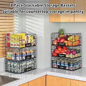JKsmart 3 Pack XXL Stackable Wire Baskets with Handles for Pantry Storage and Organization, Fruit and Vegetable Basket with Name Plates, Metal Storage Bins for Snack Can Fruit Veggies