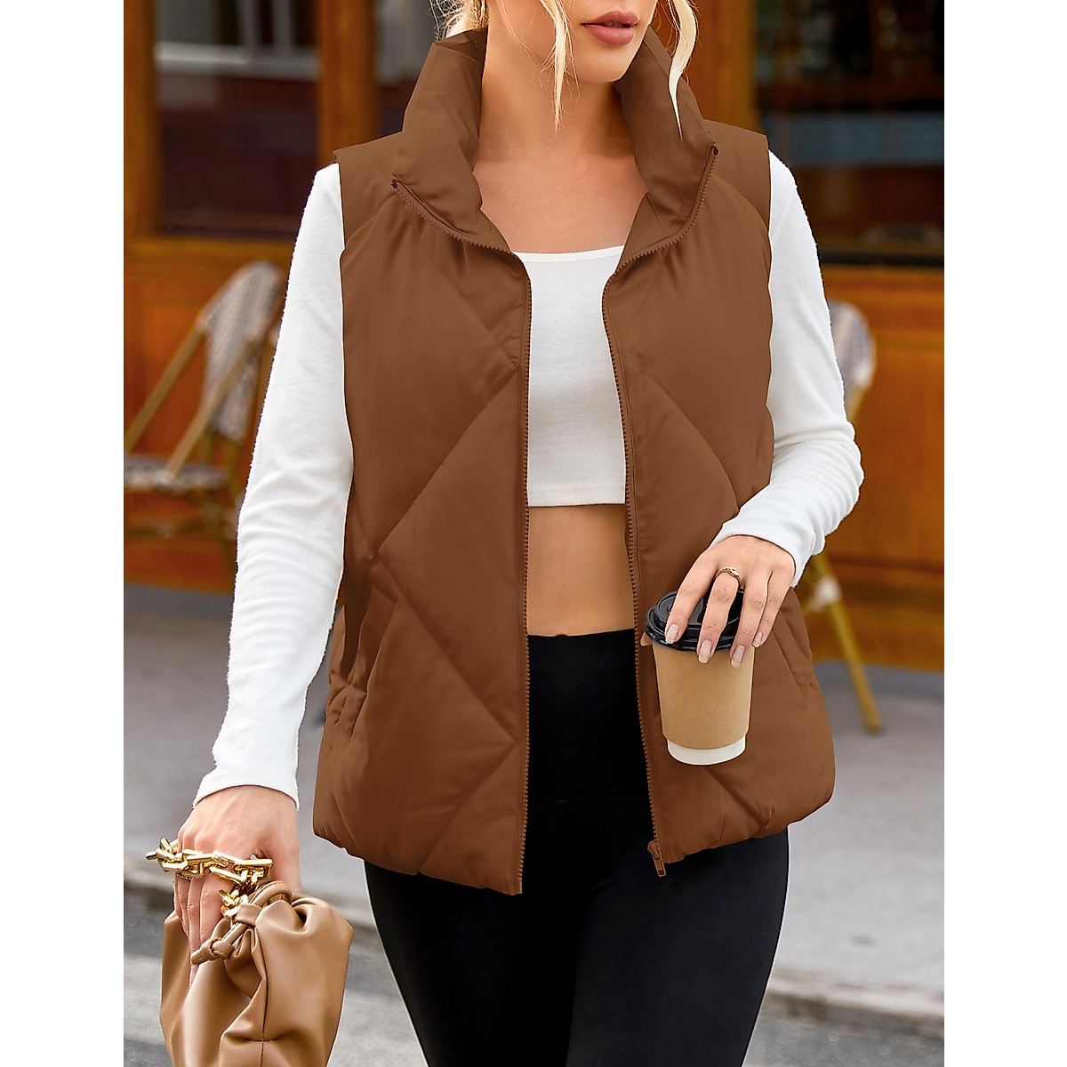 MEROKEETY Womens Puffer Vest Sleeveless Zip Up Quilted Coat Lightweight Stand Collar Gilet Jacket With Pockets Brown Medium