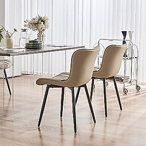 YOUNUOKE Dining Chairs Set of 2 Upholstered Mid Century Modern Lounge Chair Armless Faux Leather Makeup Chairs with Padded Backs Metal Legs Adjustable Feet for Kitchen Living Room Bedroom Khaki