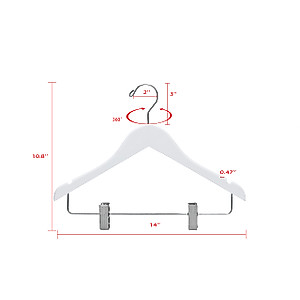 Quality Hangers 20 Pack Kids Skirt Hangers 14 Inches - Junior Preteen Youth Wooden Clothes Hanger with Curved Shoulder Swivel Chrome Hook Adjustable Metallic Clips & Nonslip Notches (White, 20)