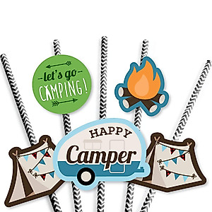 Happy Camper - Paper Straw Decor - Camping Baby Shower or Birthday Party Striped Decorative Straws - Set of 24