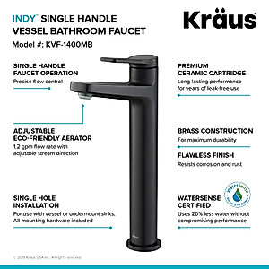 Kraus KVF-1400MB-PU-10MB Indy Single Handle Vessel Bathroom Faucet and Pop Up Drain, Matte Black