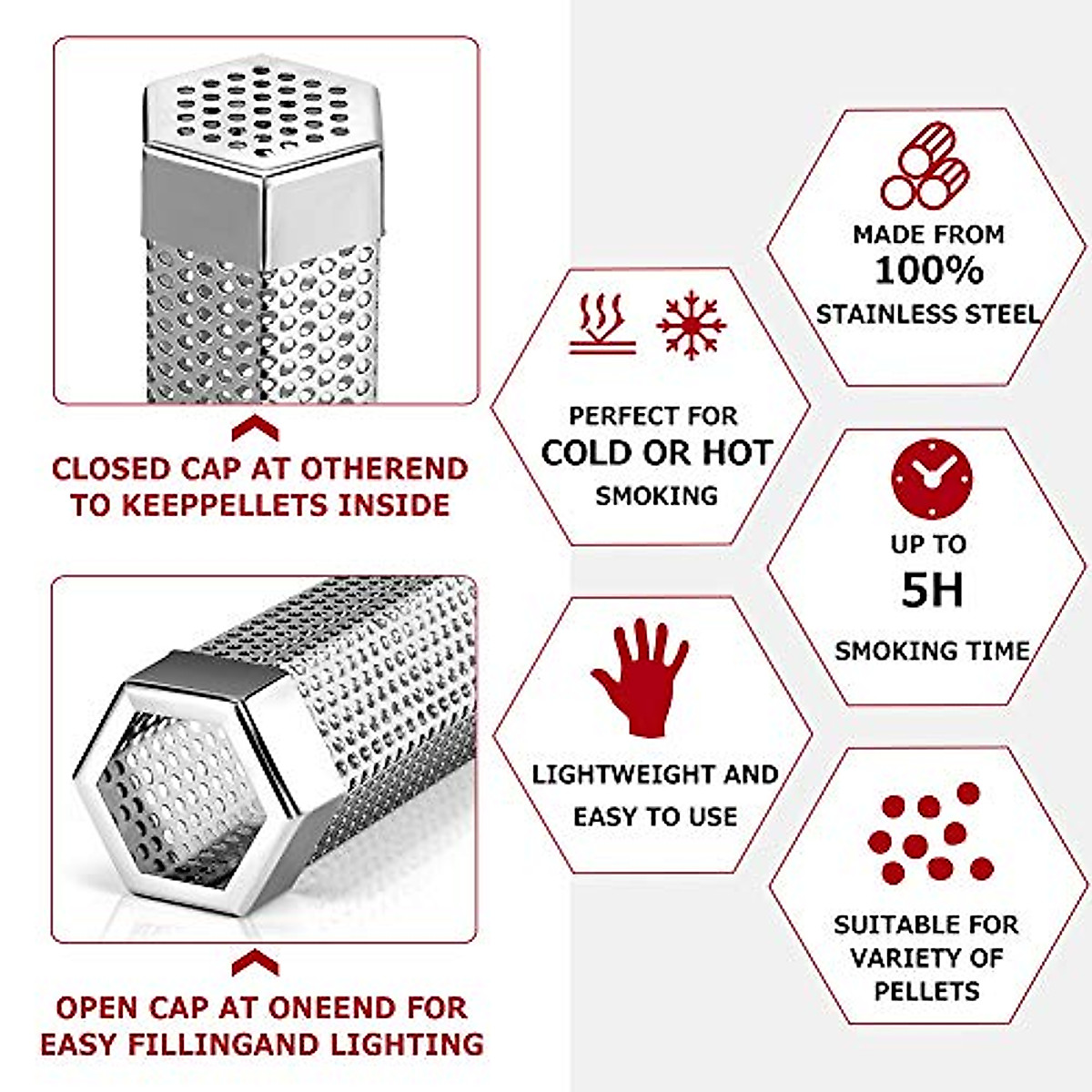 Realcook Pellet Smoker Tube 12-inch: Stainless Steel Wood Pellets Smoke Tube for Hot or Cold Smoking | BBQ Smoke Generator Tubes Works with any Grill and Smokers