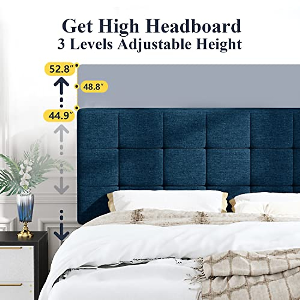 Allewie Queen Size Panel Bed Frame with Adjustable Headboard for High Profile/Fabric Upholstered/Square Stitched Padded Headboard/Box Spring or Bunkie Board Required/Navy Blue