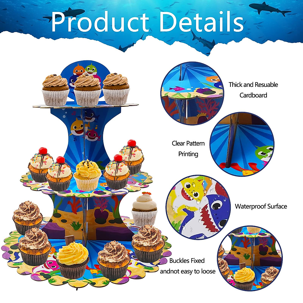 3 Tiers Cartoon Shark Cardboard Cupcake Stand Set of 2 Sturdy Dessert Candy Display Towel Holder Stand Reusable Party Wedding Birthday Cup Cake Stand Holder