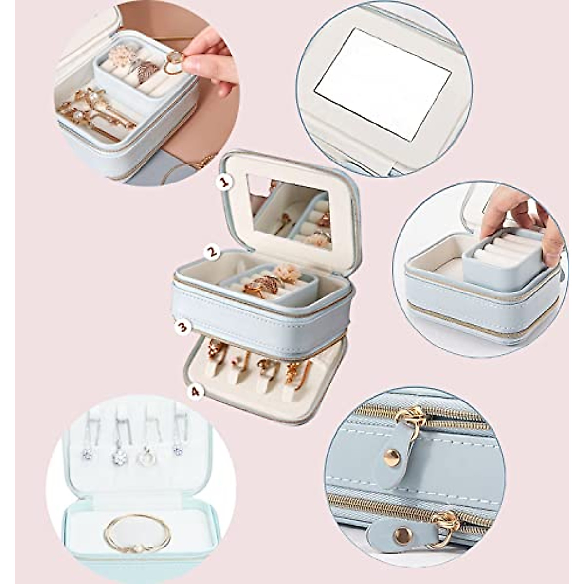 GASVAHA Small Jewelry Box Travel Jewelry Organizer: Travel Jewelry Case Jewelry Box Organizer for Women Girls, Cute Leather Jewelry Display Box Jewelry Bag for Rings Necklace Light Blue