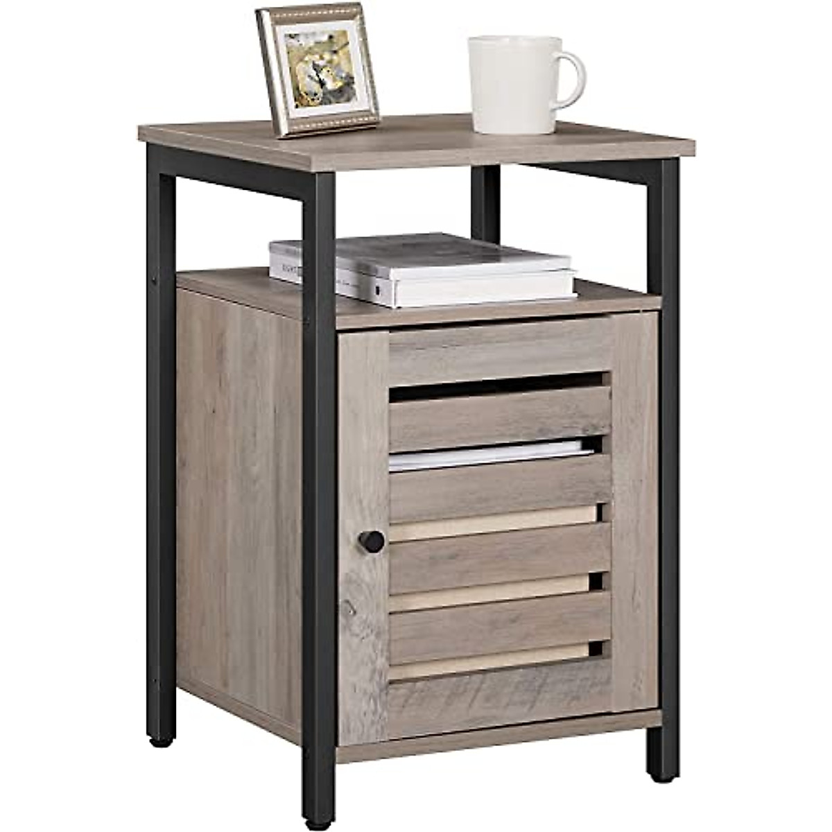 Usumairu End Table with Open Shelf, Side Table, Inner Adjustable Shelf, Steel Frame, 15.7 x 15.7 x 23.6 Inches, Bedroom, Industrial, Greige and Black ULET062B02