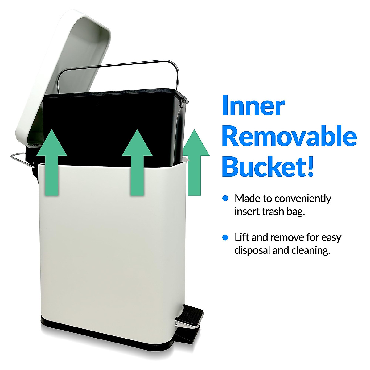 Reli. Small Trash Can with Lid, 1.3 Gallon (5 Liter) | Stainless Steel (White) | Small Bathroom Trash Can | Step Pedal Garbage Bin with Removable Bucket, Kitchen | Rectangular Metal Bin