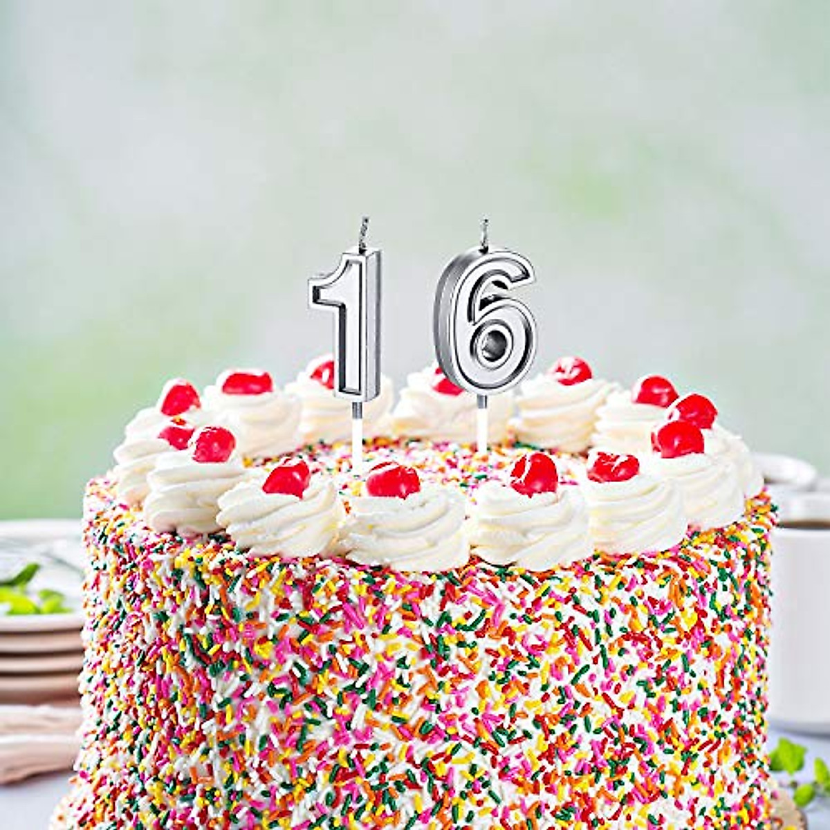 16th Birthday Candles Cake Numeral Candles Happy Birthday Cake Candles Topper Decoration for Birthday Wedding Anniversary Celebration Supplies (Silver)
