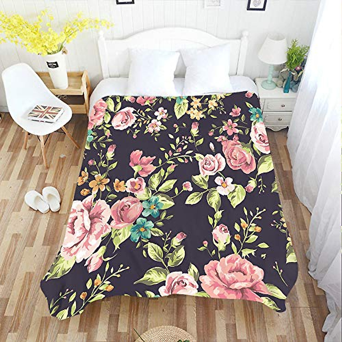 Moslion Soft Cozy Throw Blanket Lush Flowers and Leaf Floral Paisley Black Pink Fuzzy Warm Couch/Bed Blanket for Adult/Youth Polyester 30 X 40 Inches(Home/Travel/Camping Applicable)