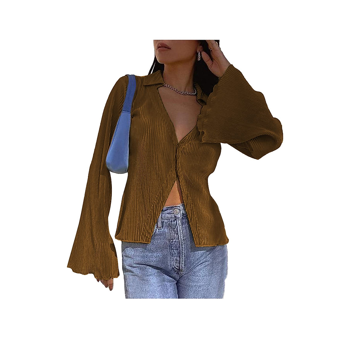 LYANER Women's Deep V Neck Button Front Bell Long Sleeve Blouse Shirt Top Brown Small