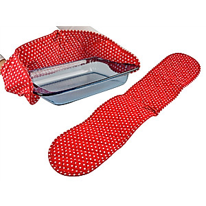 Home-X Red Polk Dot Double Oven Mitt for Cooking and Serving, Heat Resistant, Extra Long Potholder, Oven Gloves to Protect Hands and Arms, Machine Washable -32”L