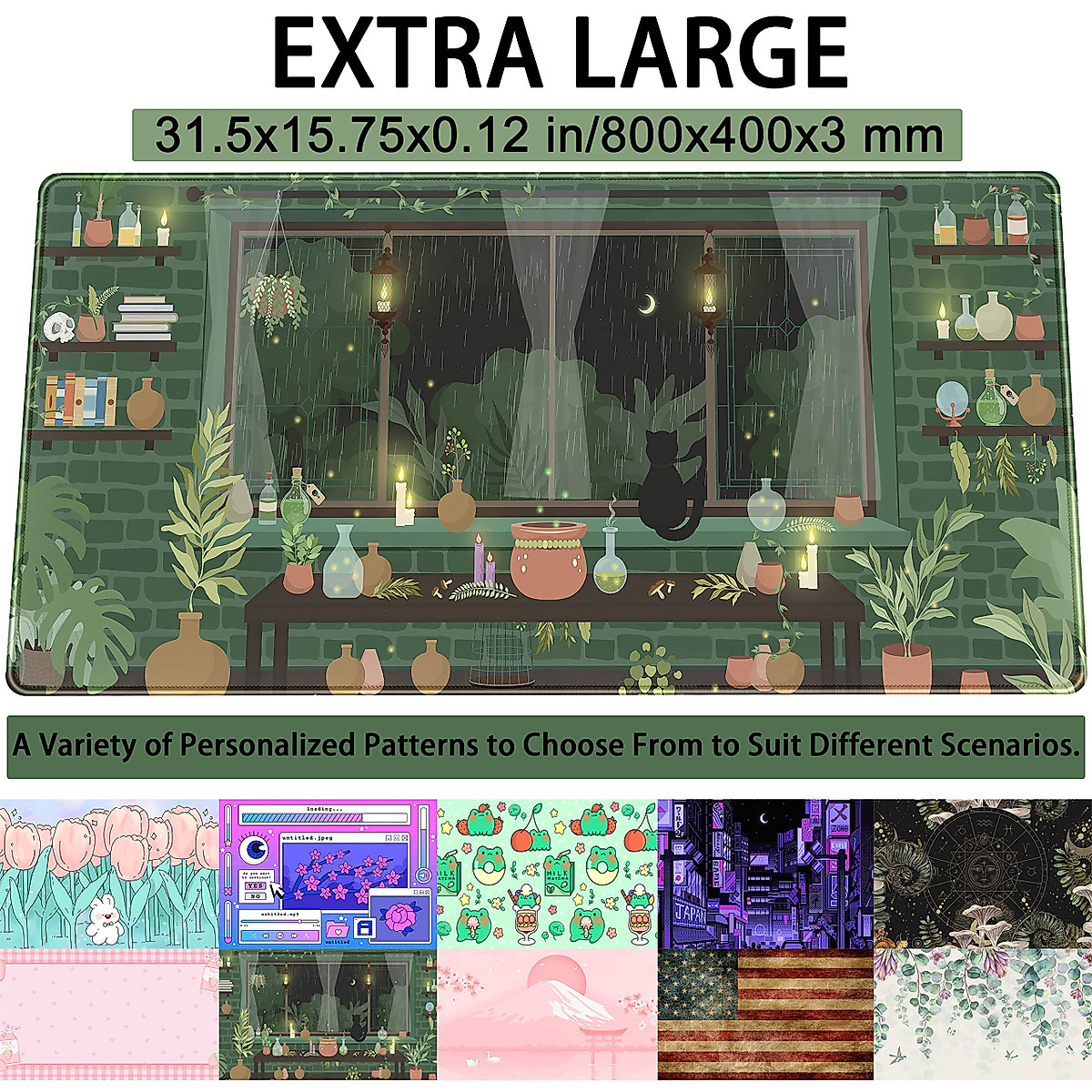 Cute Rainy Night Desk Mat Green Plants Desk Pad, Anime Black Cat Kawaii Large Gaming Mouse Pad, Moonlight Fireflies Deskmat Aesthetic Mousepad XXL, Laptop Keyboard Pad for Women Desk 31.5"x15.75"