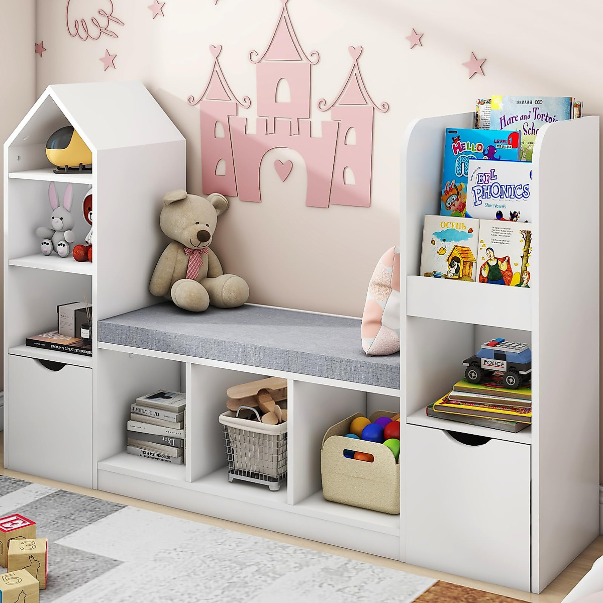 Vabches Kids Bookshelf Toy Storage Organizer, Multifunctional Bookcase with Reading Nook 7 Storage Cubbies and 2 Movable Drawers, Bookcase with Seat Cushion for Children's Room, Playroom, Bedroom