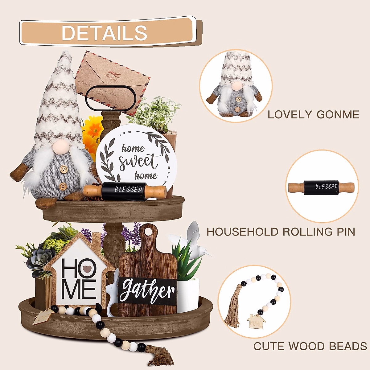 6 Pieces Farmhouse Tiered Tray Decor Items Gnomes Plush Home Sweet Home Decor Mini Signs Rolling Pin Wood Beads Garland Tiered Tray Decorations Set for Spring Summer Home Kitchen Shelf