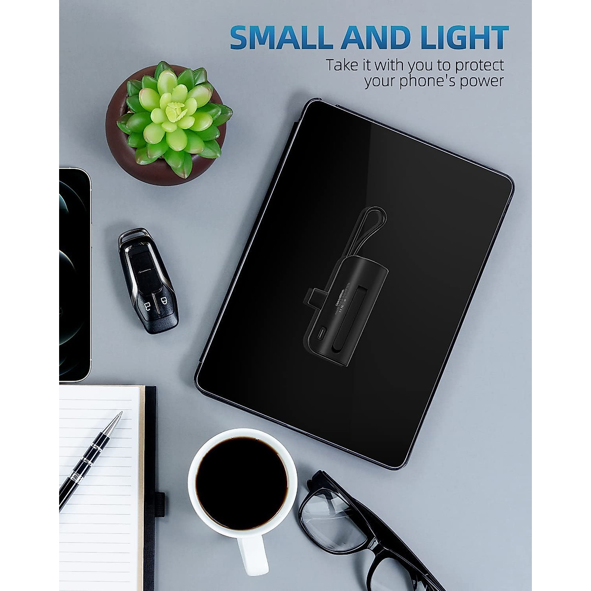 Abnoys Power-Bank-Portable-Charger - 8000mAh Ultra Compact Portable Phone Charger 5V3A Output Battery Pack Built-in Type-C Cable and Cell Phone Holder Compatible with iPhone and Samsung, etc. (Black)