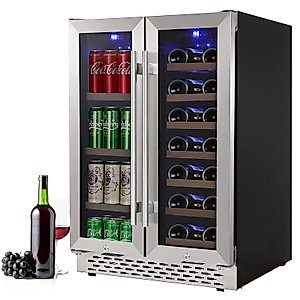 Wine and Beverage Refrigerator, 24 Inch Dual Zone Wine Cooler with Glass Door, Built-In Cooler with Independent Temperature Control and Quite Cool System, 40 Bottles and 55 Cans Capacity